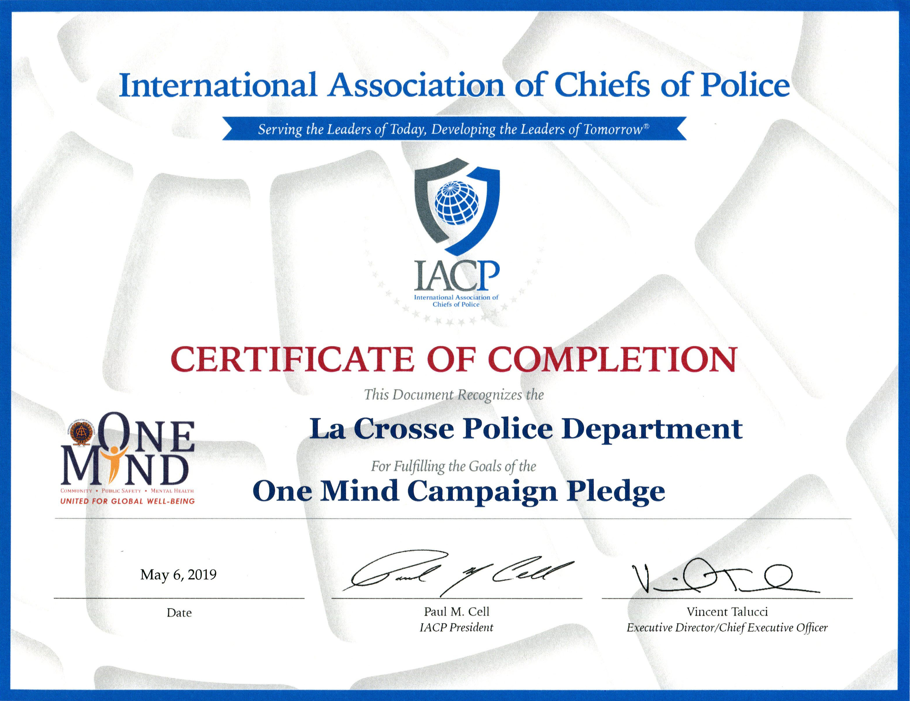 | LA CROSSE POLICE COMPLETE THE ONE MIND CAMPAIGN PLEDGELa Crosse PD ...